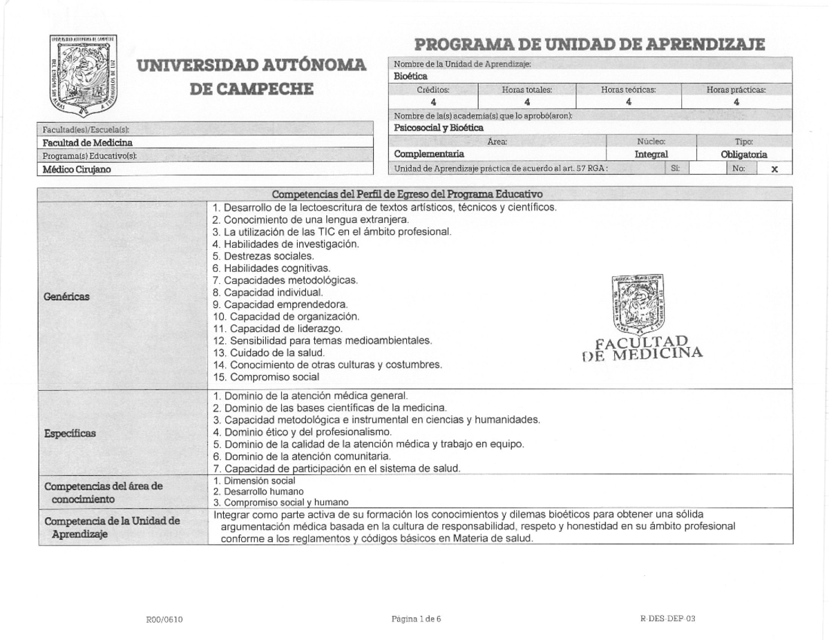 Programa de Unidad de Aprendizaje: Bioética - UAC 4 Créditos - Studocu