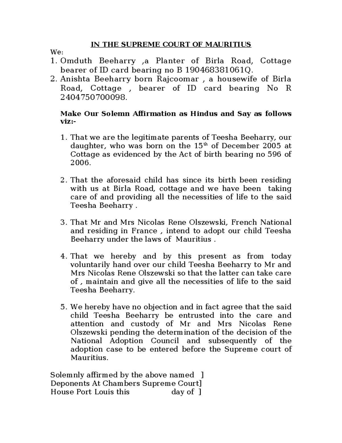 Adoption Case: Teesha Beeharry in the Supreme Court of Mauritius - Studocu