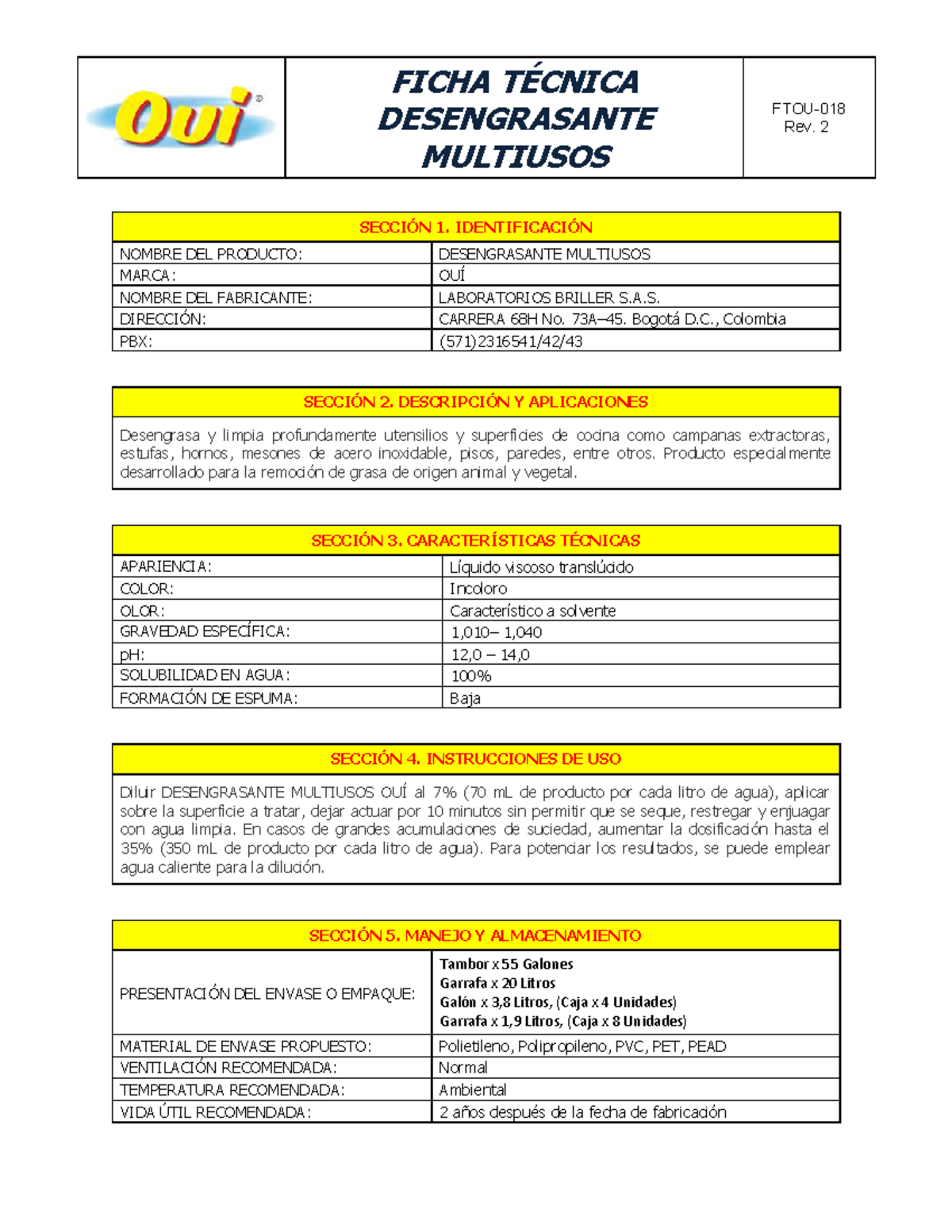003 FTOU-018 Ficha Técnica del Desengrasante Multiusos OUÍ Rev 2 - Studocu