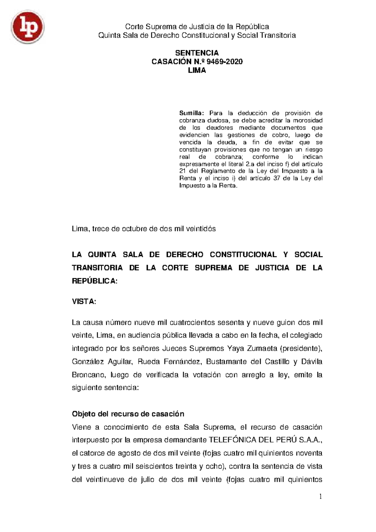 Sentencia de Casación N.º 9469-2020: Provisión de Cobranza Dudosa en ...