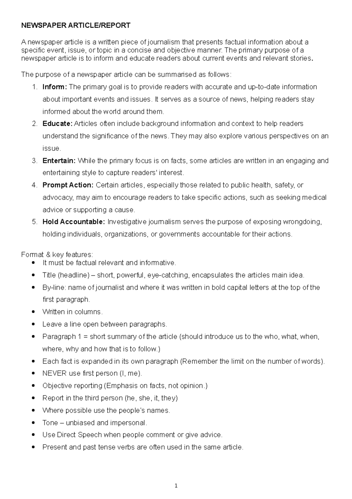 Newspaper Article Writing Guidelines and Key Features - Studocu