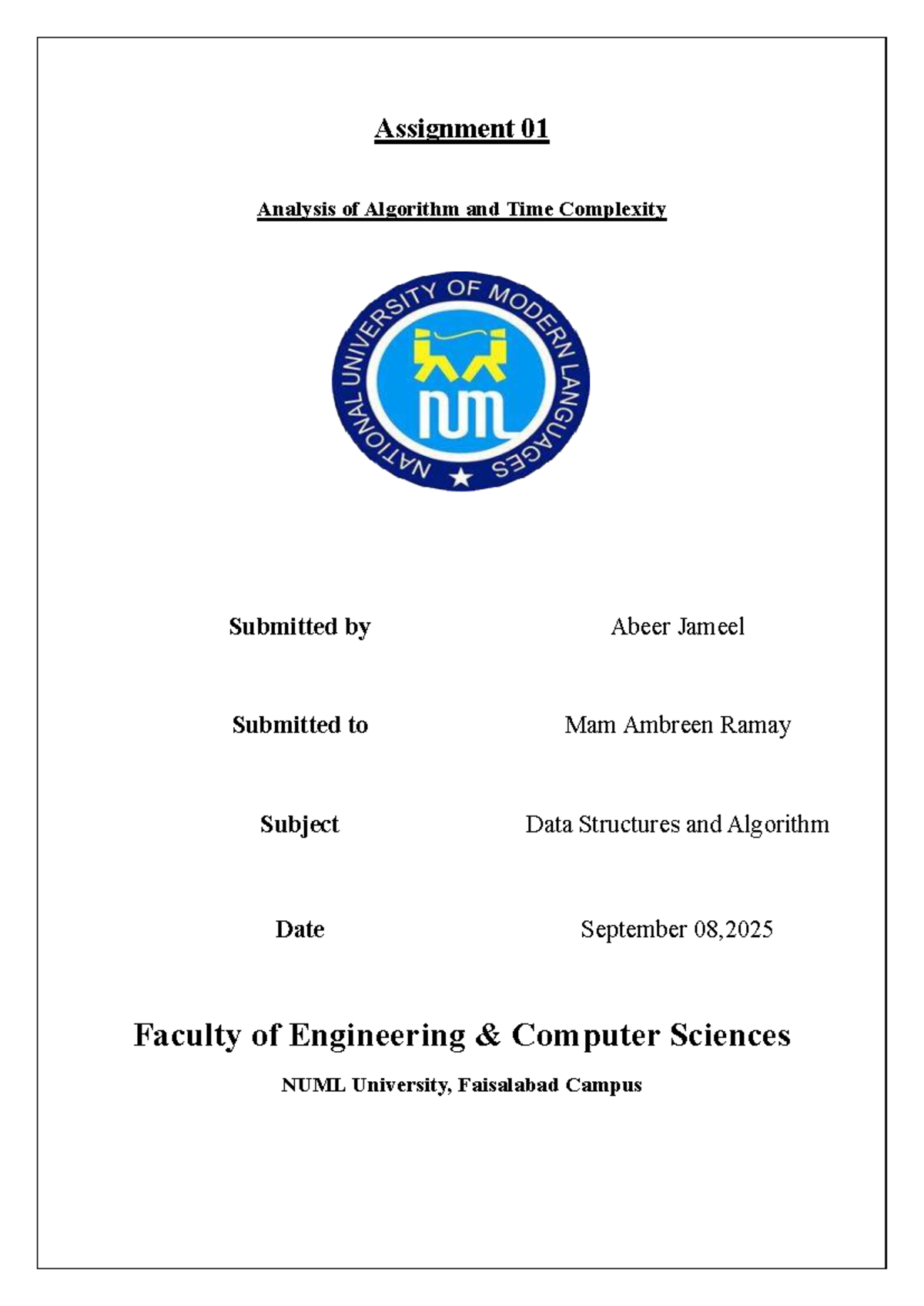 DSA Assignment 01: Analysis of Algorithms & Time Complexity - Studocu