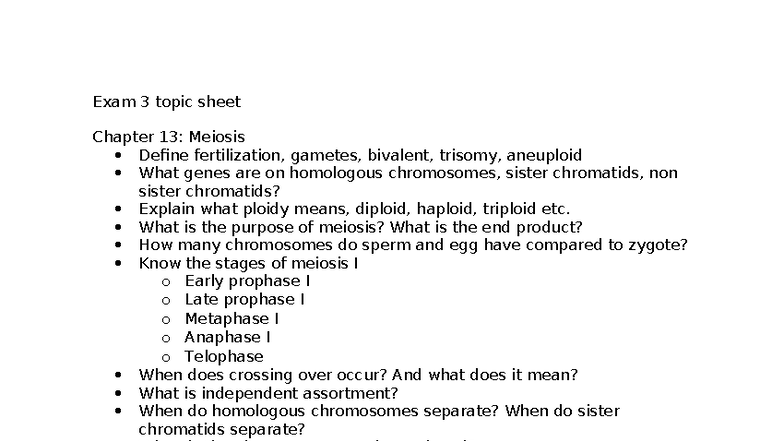 Exam 3 Topic Sheet: Meiosis, DNA, and Gene Function (BIOL 101) - Studocu