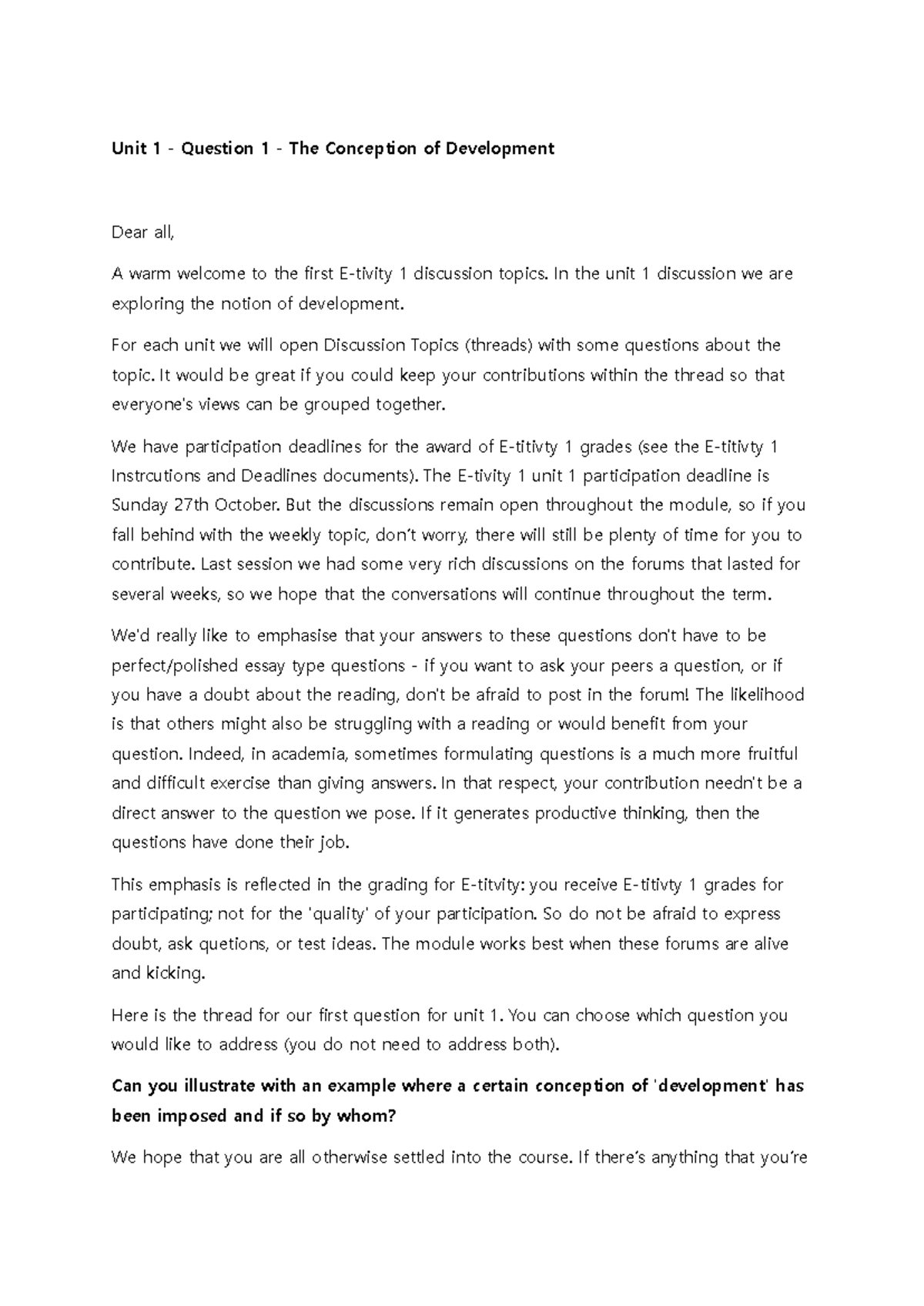 E-tivity 1: Discussion Questions for Units 1-3 on Development - Studocu