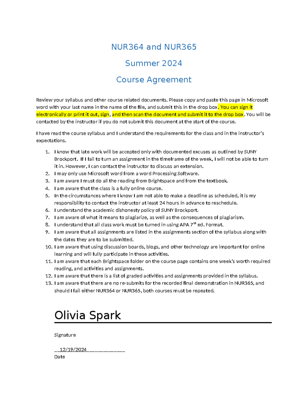 NUR364-NUR365 Course Agreement(4) - NUR364 and NUR Summer 2024 Course ...