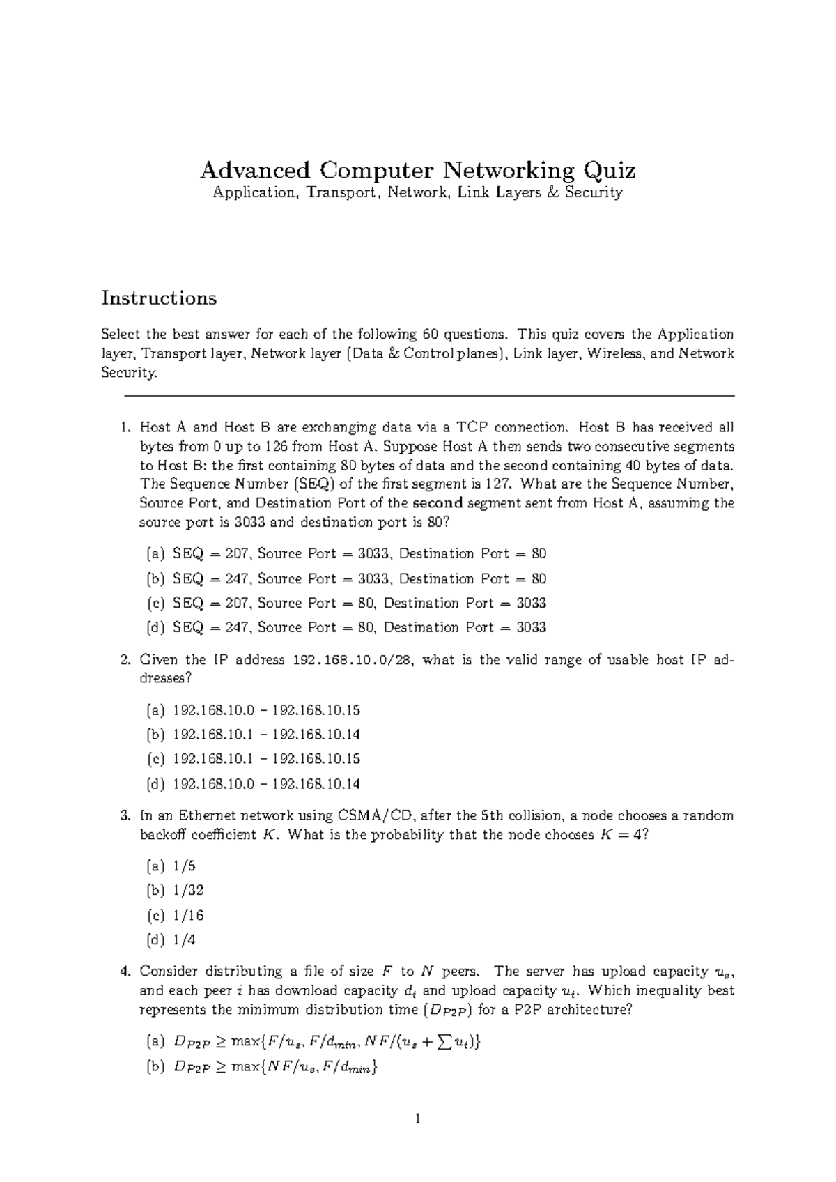 CO3094 - Advanced Computer Networking Quiz on Layers & Security - Studocu