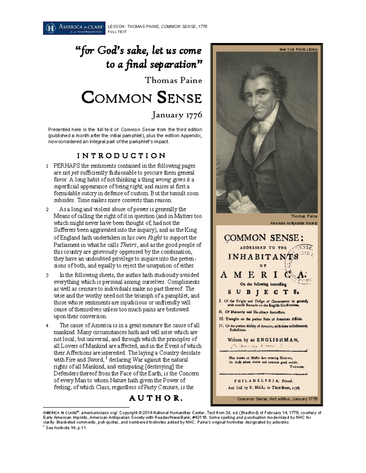 LESSON: THOMAS PAINE'S COMMON SENSE (1776) FULL TEXT ANALYSIS - Studocu