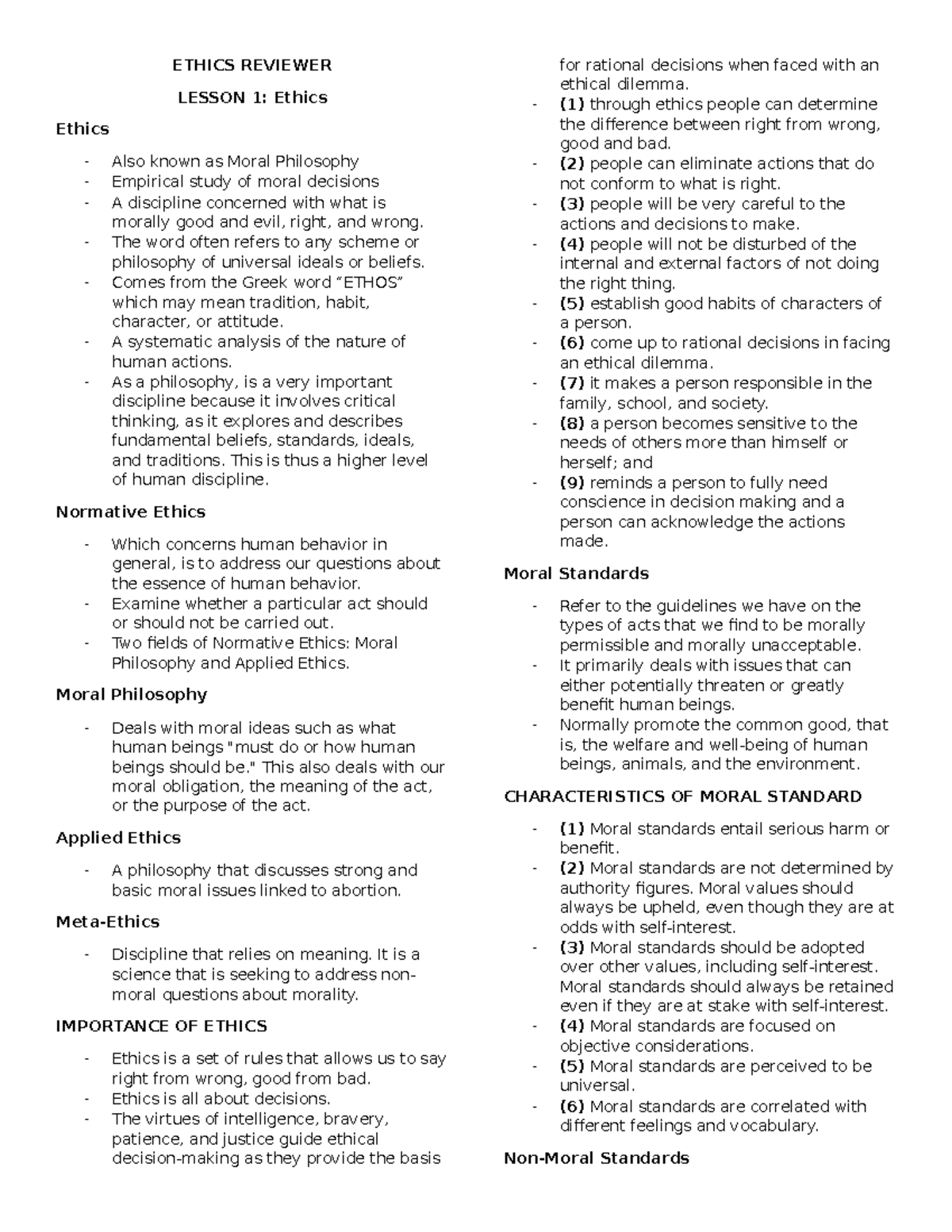 Ethics Reviewer - ETHICS REVIEWER LESSON 1: Ethics Ethics Also known as ...