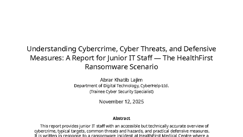 Cyber Security Report for Junior IT Staff: HealthFirst Ransomware Case ...