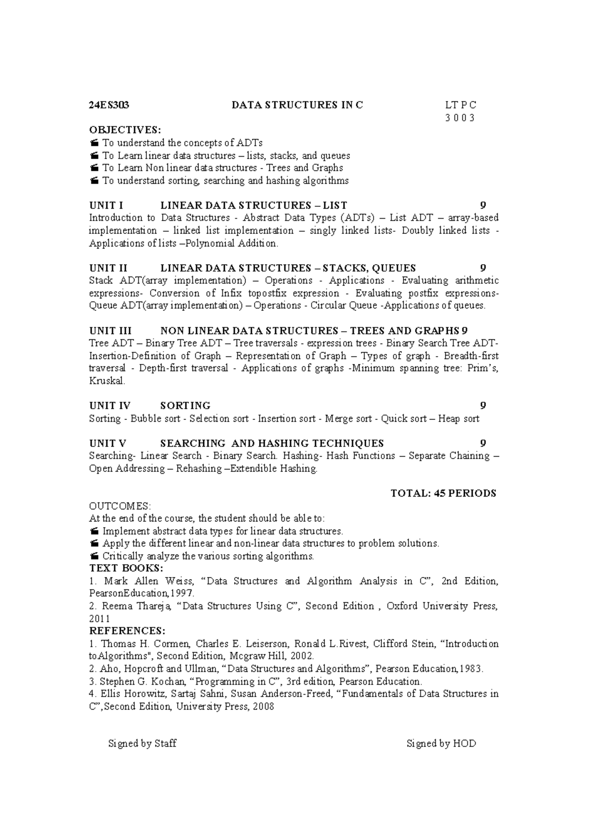24ES303 DATA STRUCTURES IN C SYLLABUS AND COURSE OUTLINE - Studocu