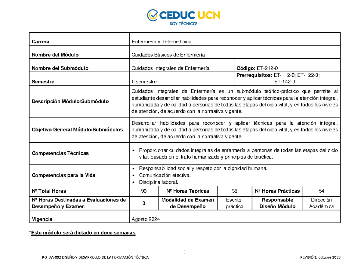 ET-212-0 - dnsds - 1 Carrera Enfermería y Telemedicina Nombre del Módulo Cuidados Básicos de ...