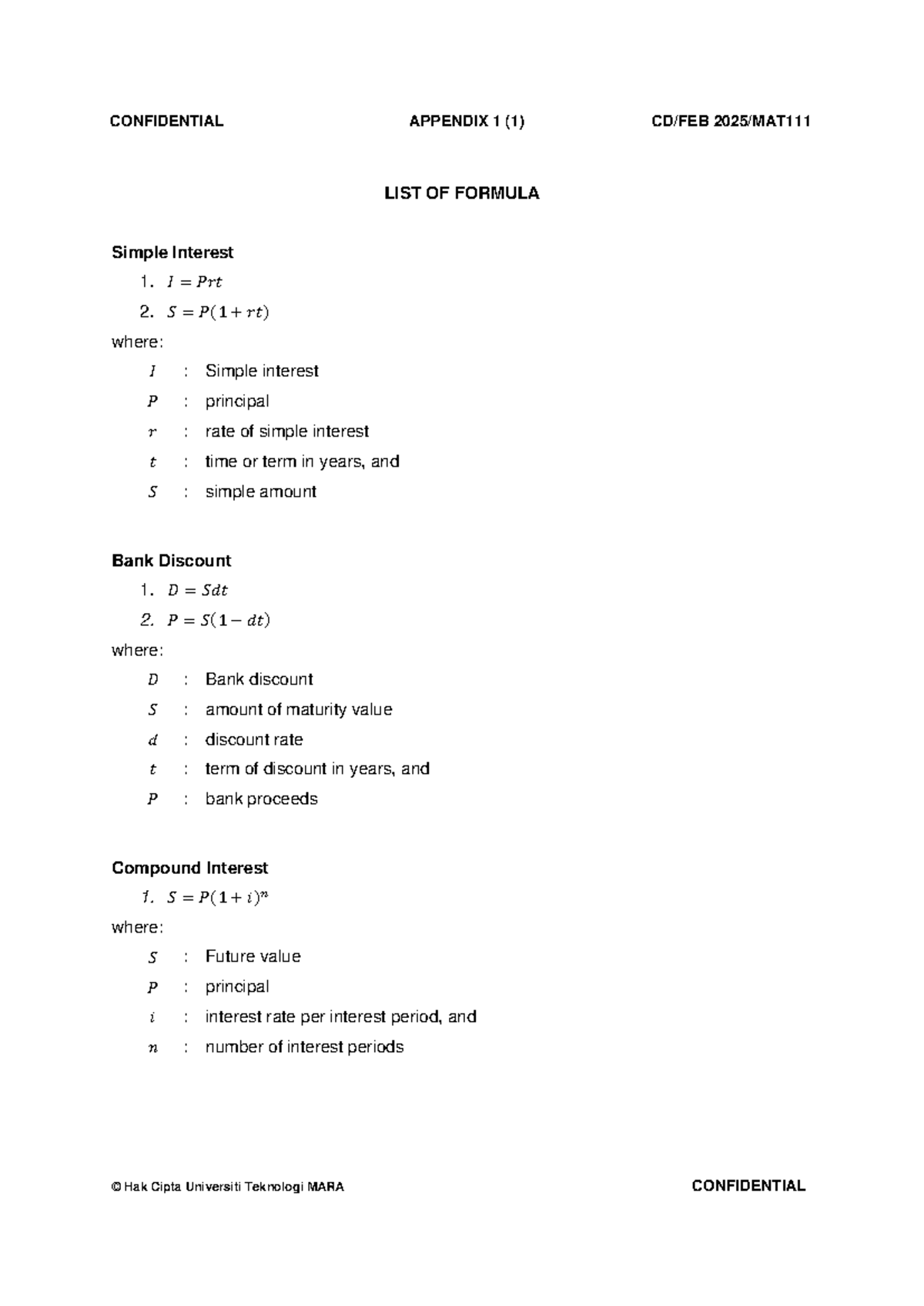 Appendix MAT111: Key Financial Formulas and Concepts (FEB2025) - Studocu