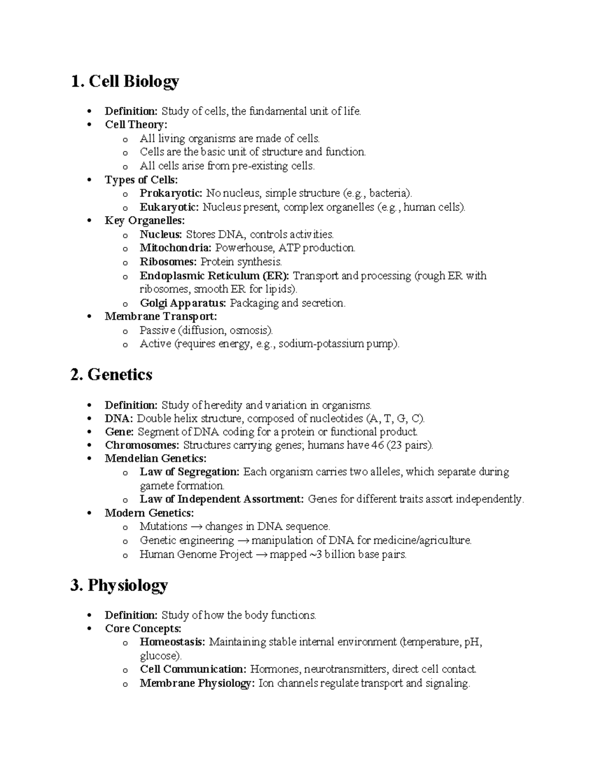 Biology Study Notes: Cell Bio, Genetics & Physiology Overview - Studocu