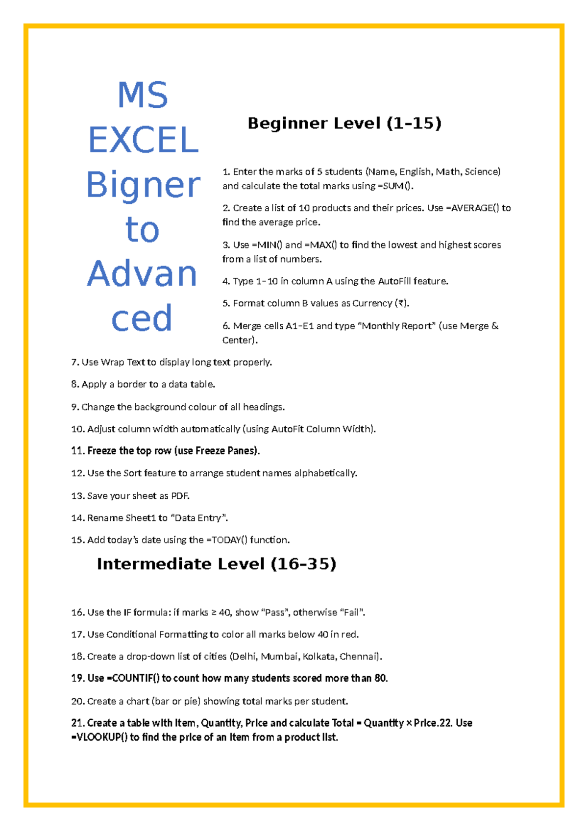 MS Beginner Level EXCEL: From Basics to Advanced Techniques - Studocu