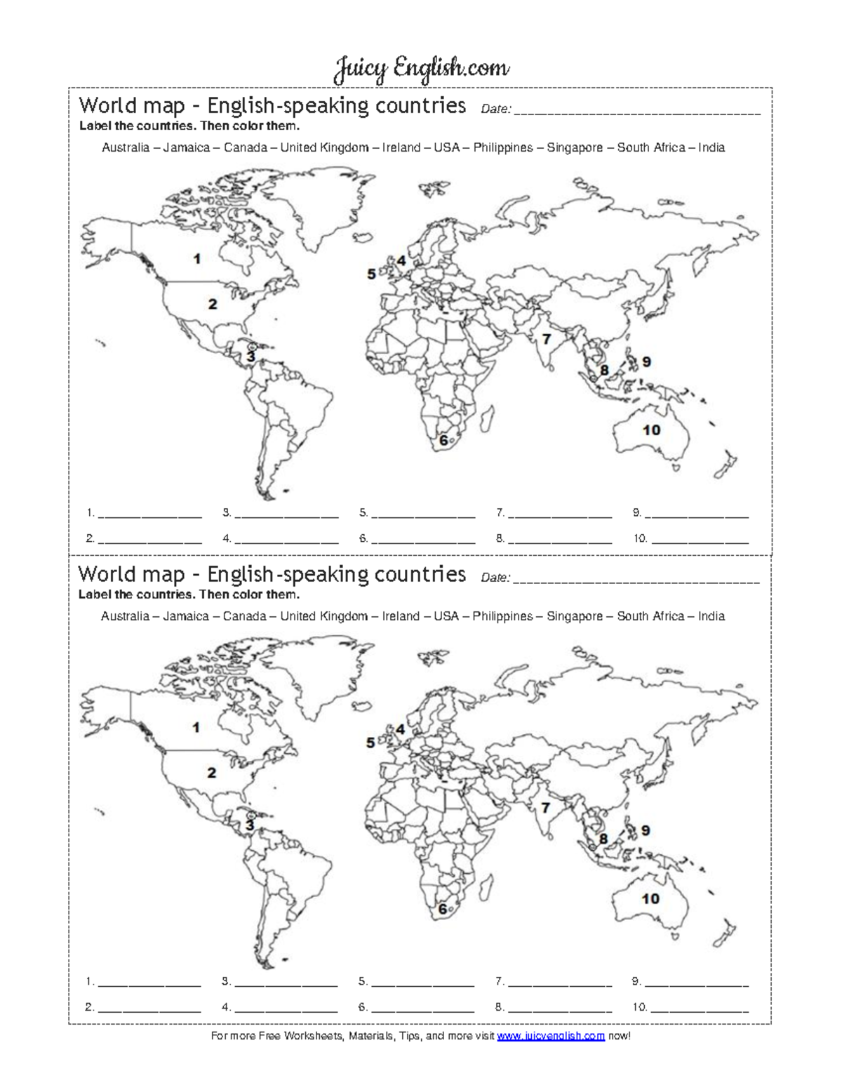 01 2 world map with english speaking countries - Juicy English For more Free Worksheets ...