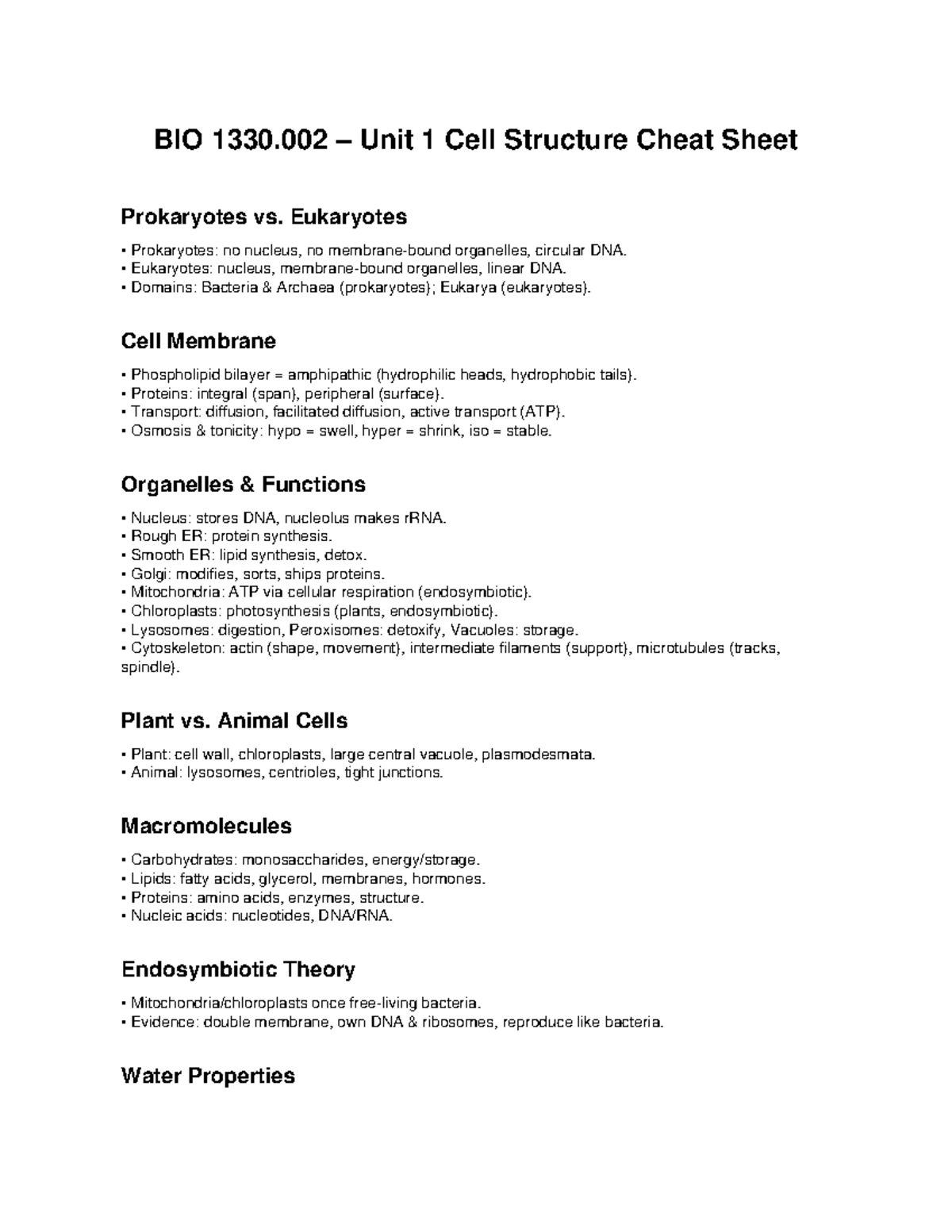 BIO 1330.002 Unit 1 Cell Structure Cheat Sheet: Prokaryotes vs ...