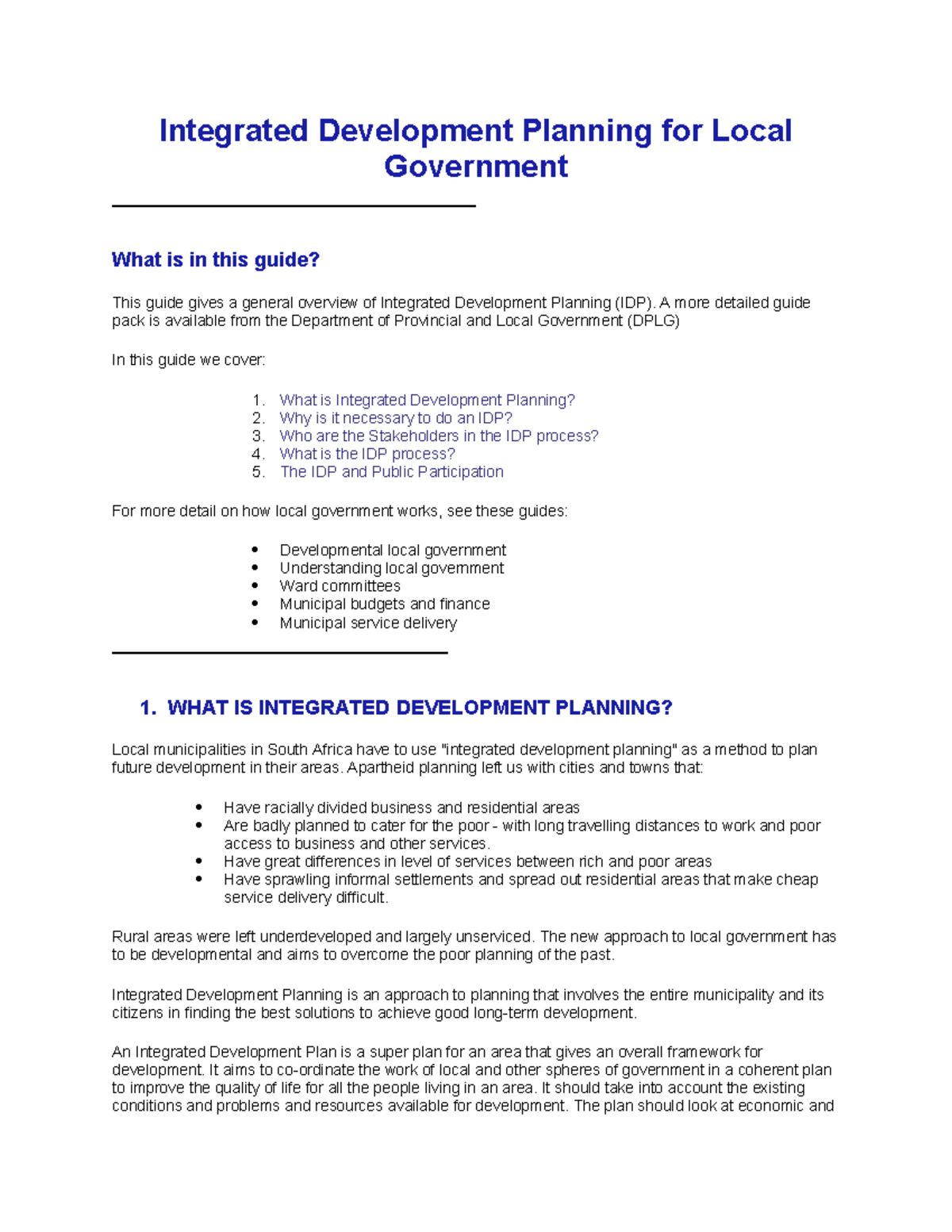 Integrated Development Planning (IDP) for Local Gov. Overview Guide ...