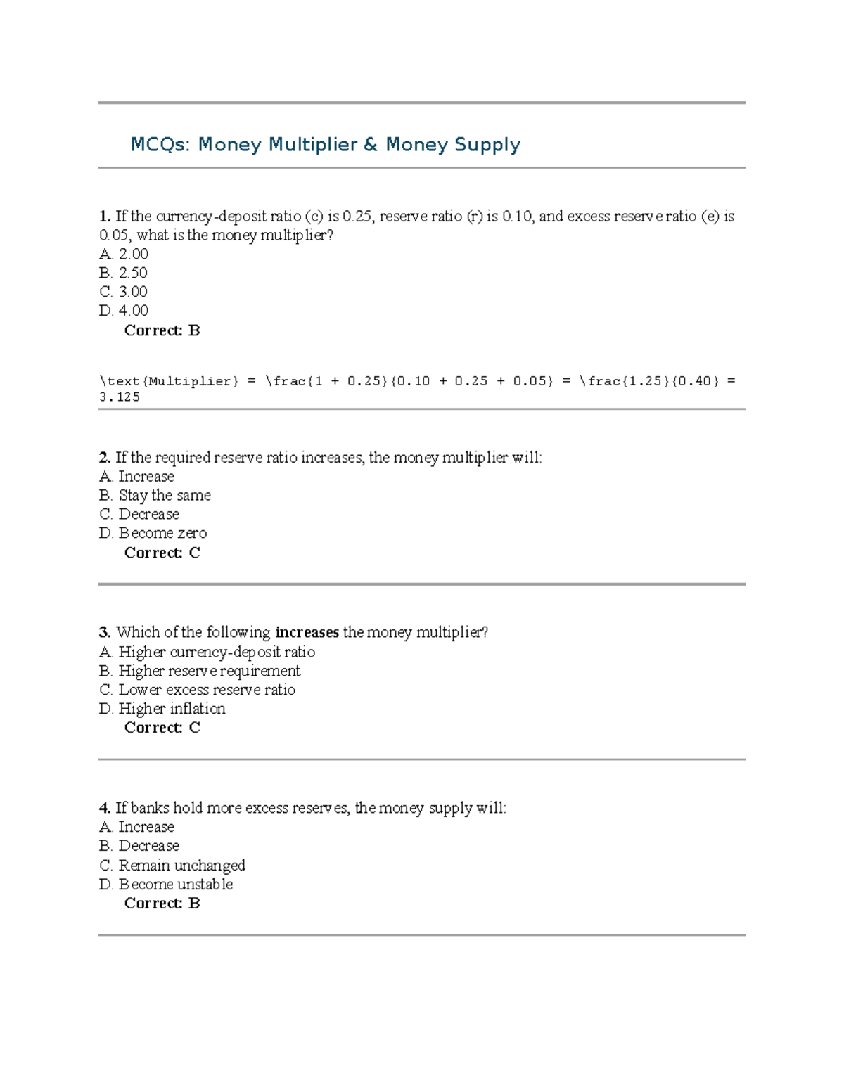 Monetary Economics MCQs: Money Multiplier & Money Supply Analysis - Studocu