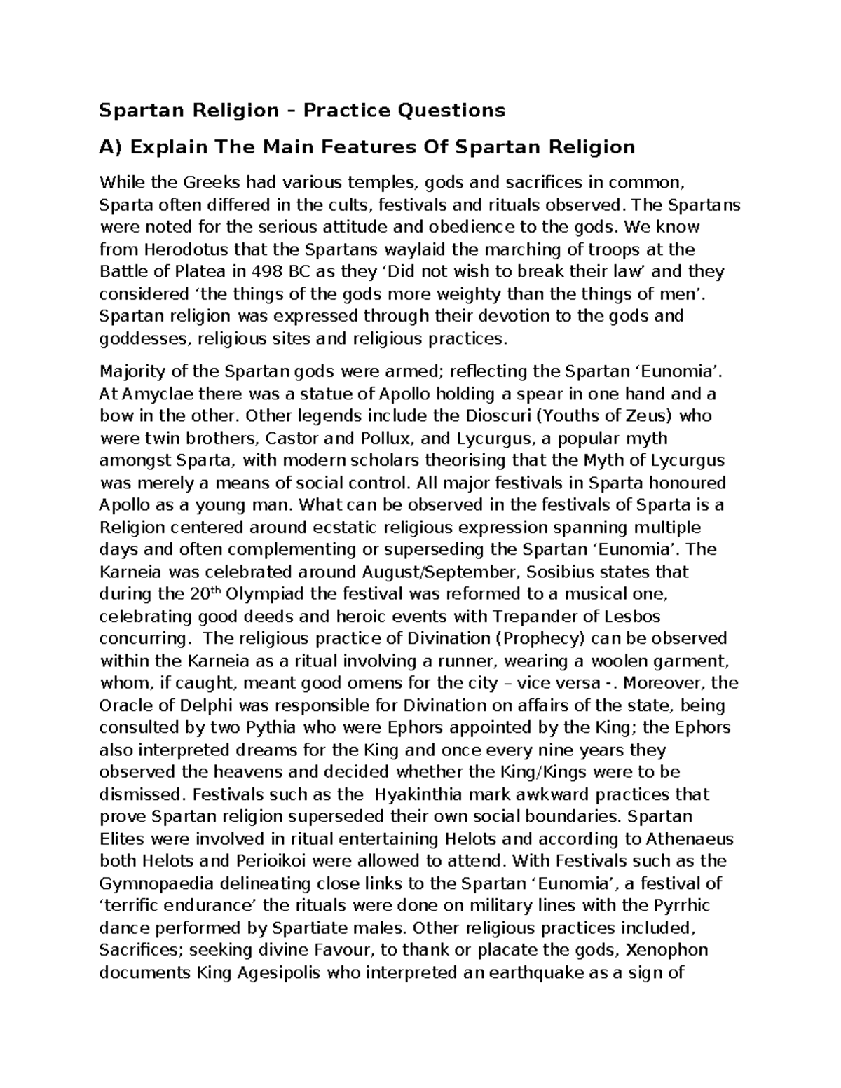 Spartan Religion: Key Features & Military Ethos in Practices - Studocu