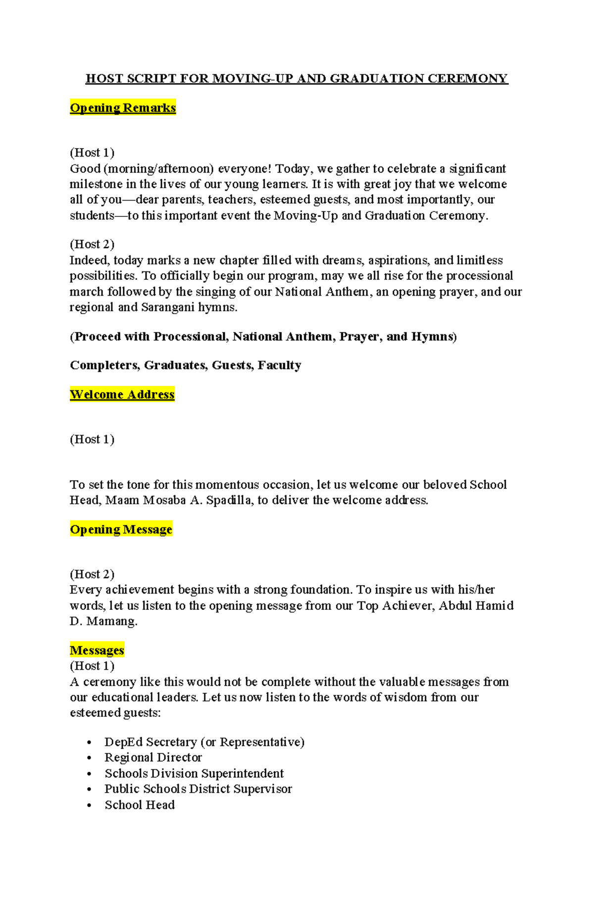 HOST Script for Moving-Up & Graduation Ceremony - Studocu