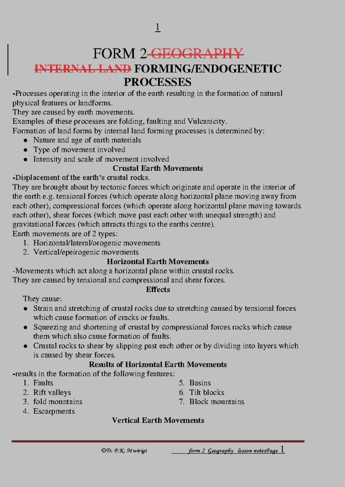 Form 2 Geography: Internal Land Processes and Faulting Notes - Studocu