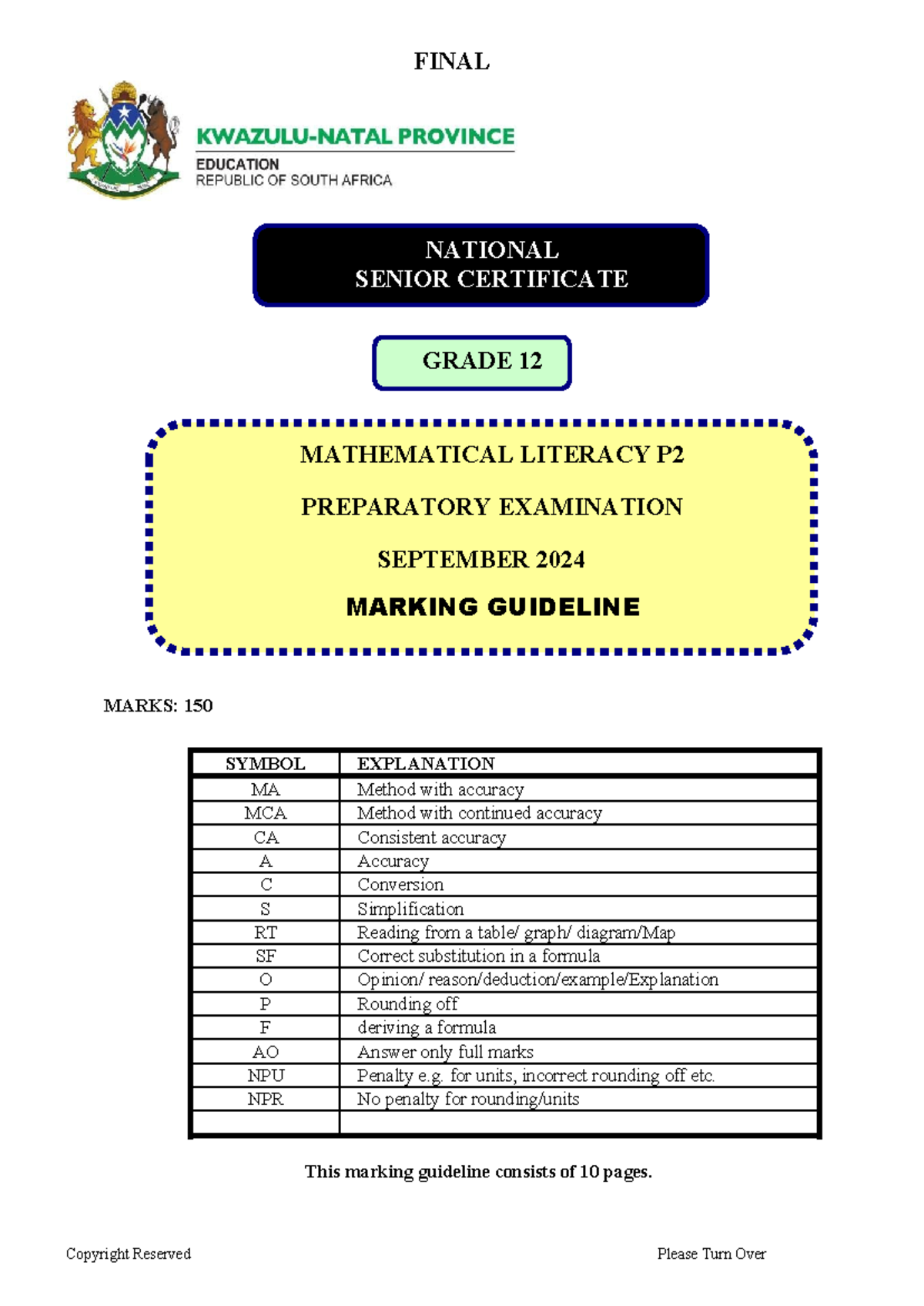 Maths LIT P2 MEMO 2024 Final Exam Marking Guidelines - Studocu