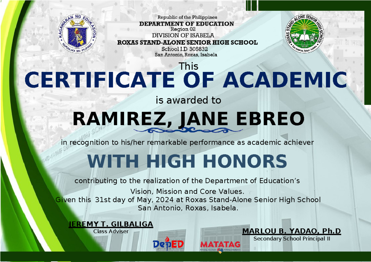 Academic Awards Certificate for High Achievers - Roxas SHS - Studocu