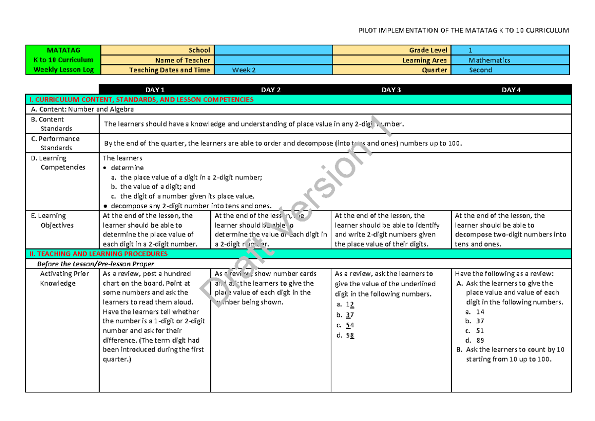 LE Math 1 Q2 Wk2 Lesson Plan: Understanding 2-Digit Numbers - Studocu