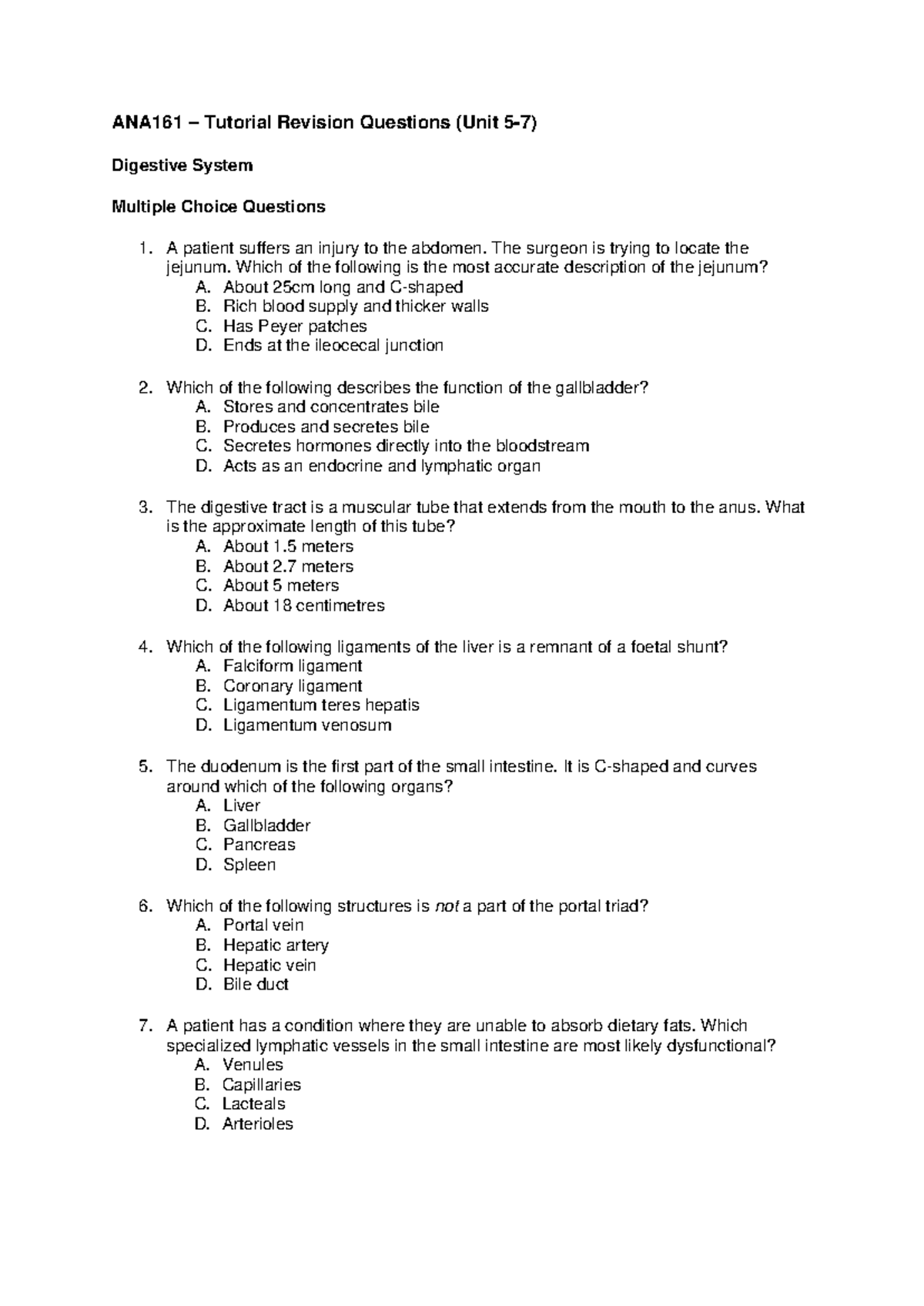 ANA161 – Digestive & Urinary System Revision Questions (Units 5-7 ...