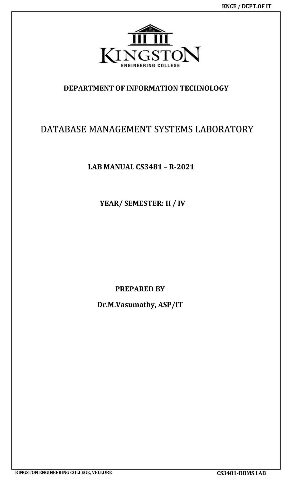 CS3481-dbms-lab-manual- Final - KINGSTON ENGINEERING COLLEGE, VELLORE CS3481-DBMS LAB CSE ...