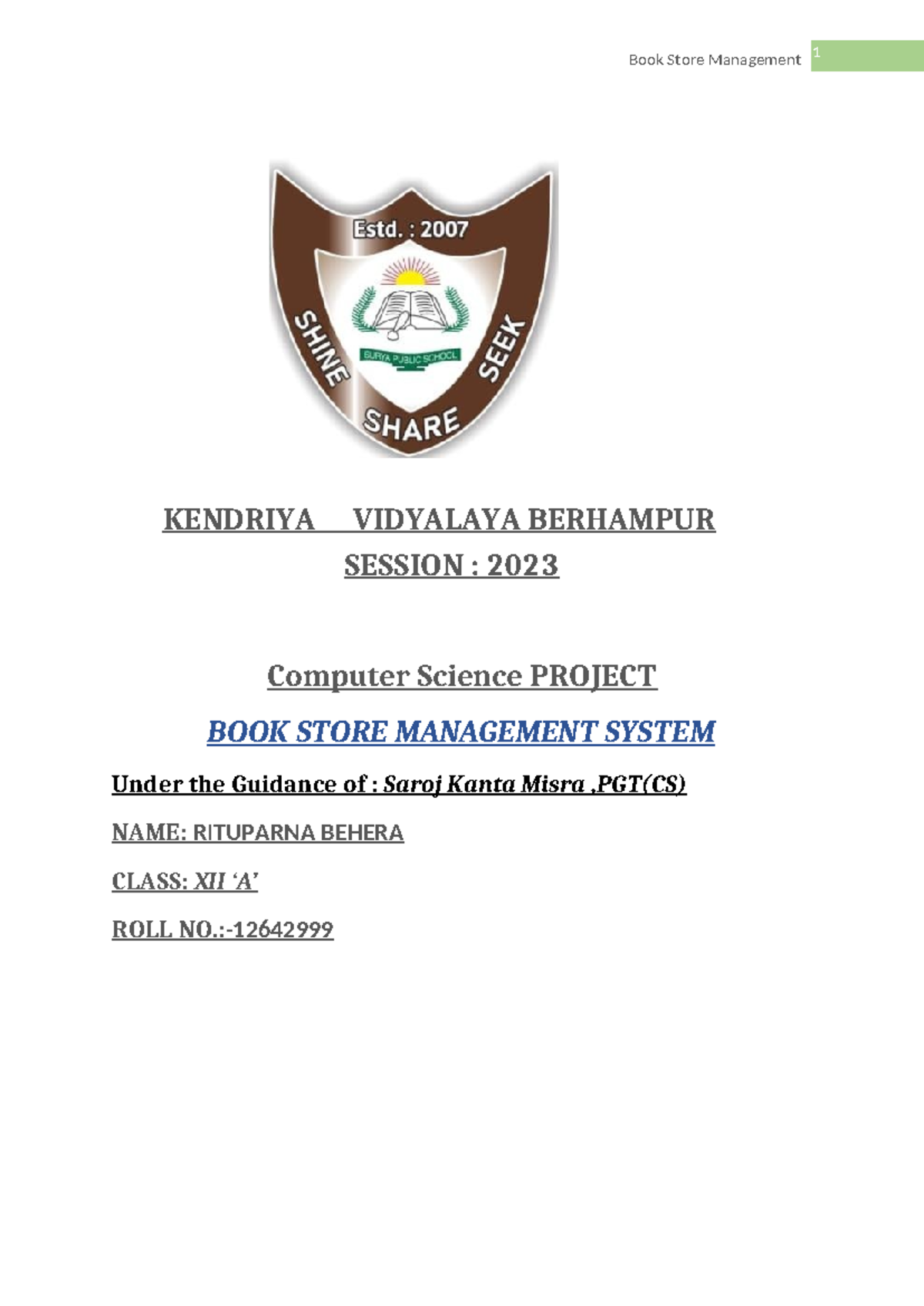 Book Store Management System Project - Class XII Computer Science - Studocu