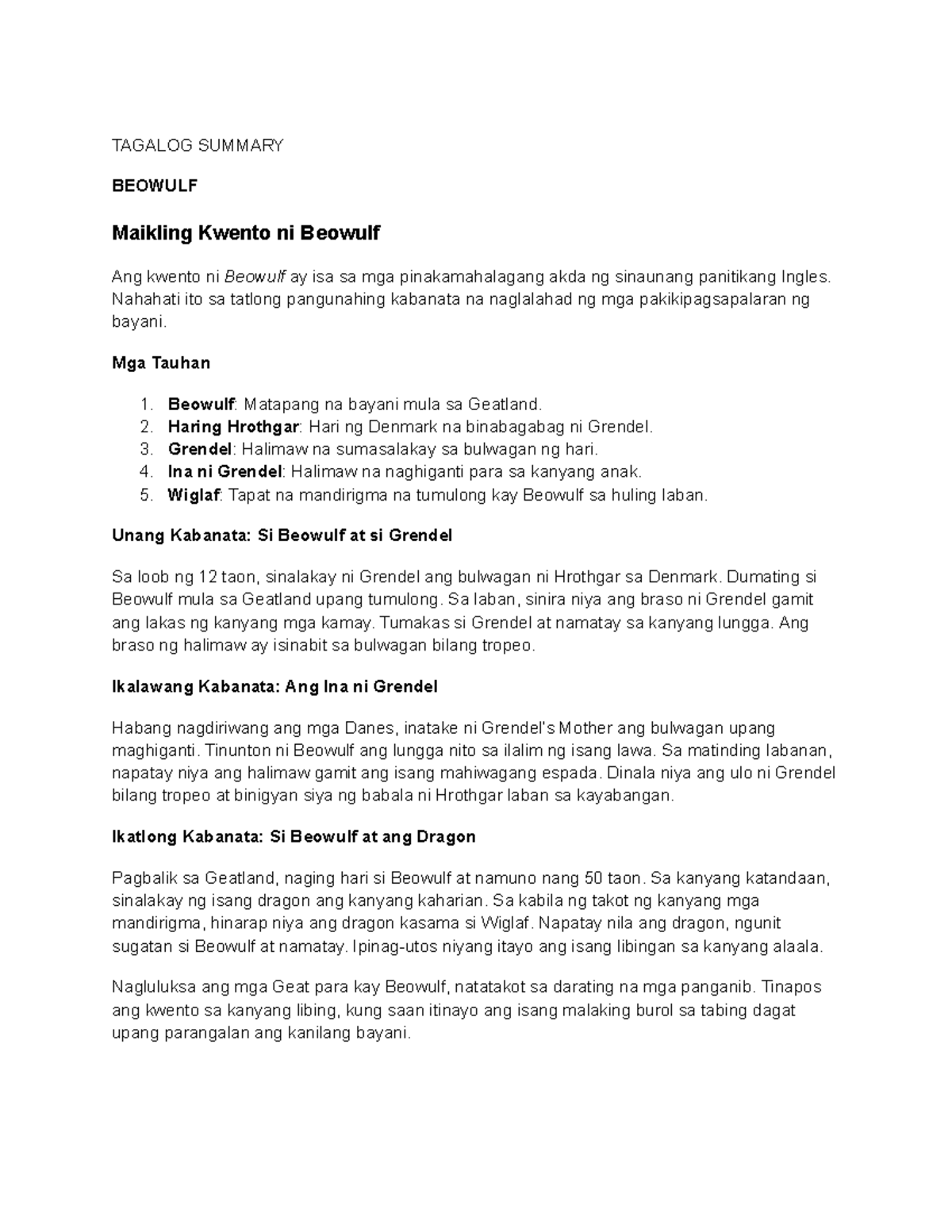 Tagalog Summary ng Beowulf, King Arthur, at iba pang kwento - Studocu