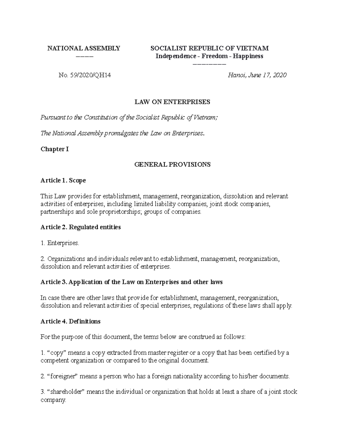 2020 Law on Enterprises – Key Provisions and Overview (ENG) - Studocu
