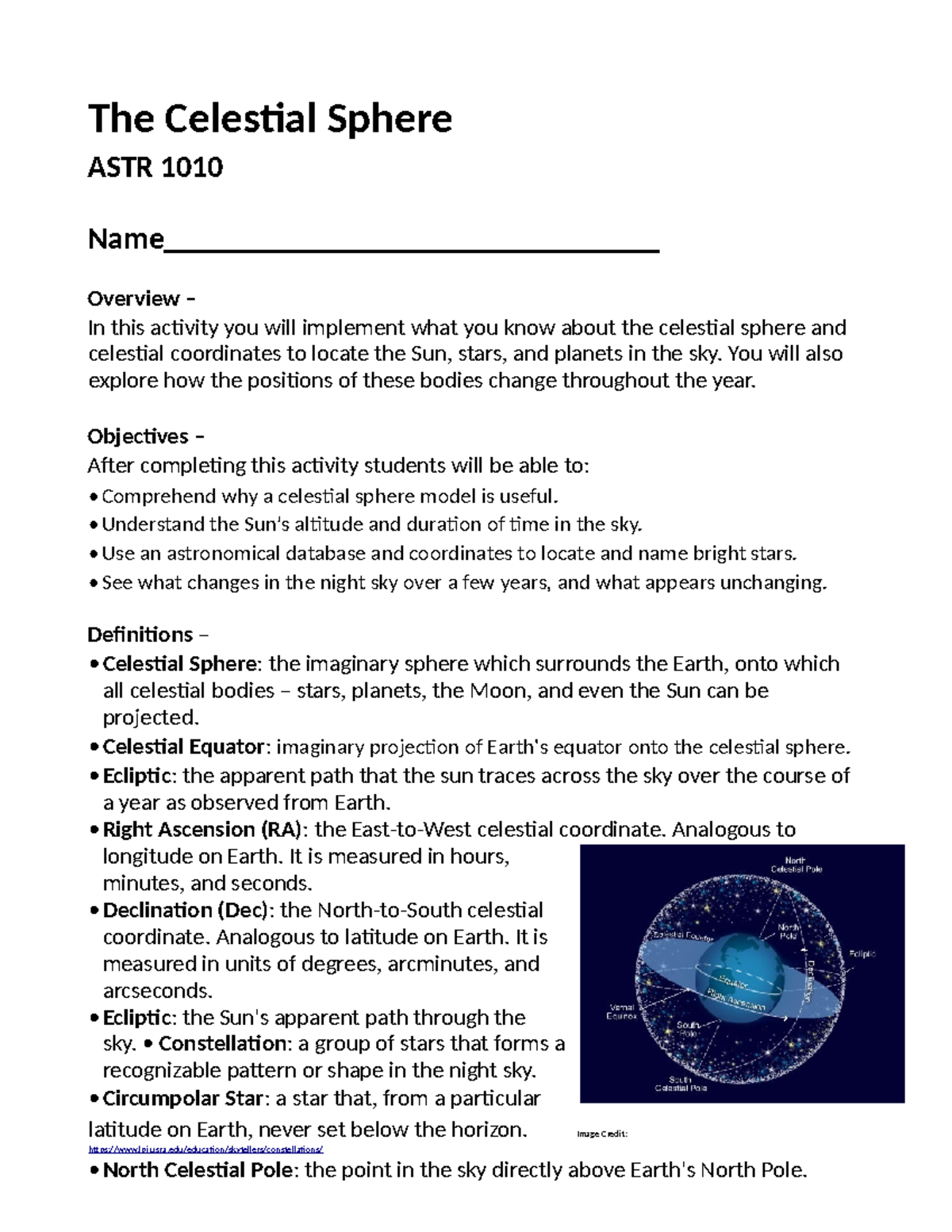 ASTR 1010 Lab 2: Exploring the Celestial Sphere and Coordinates - Studocu
