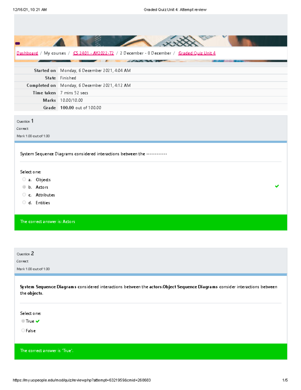Graded Quiz Unit 4 Attempt review - Started on Monday, 6 December 2021 ...