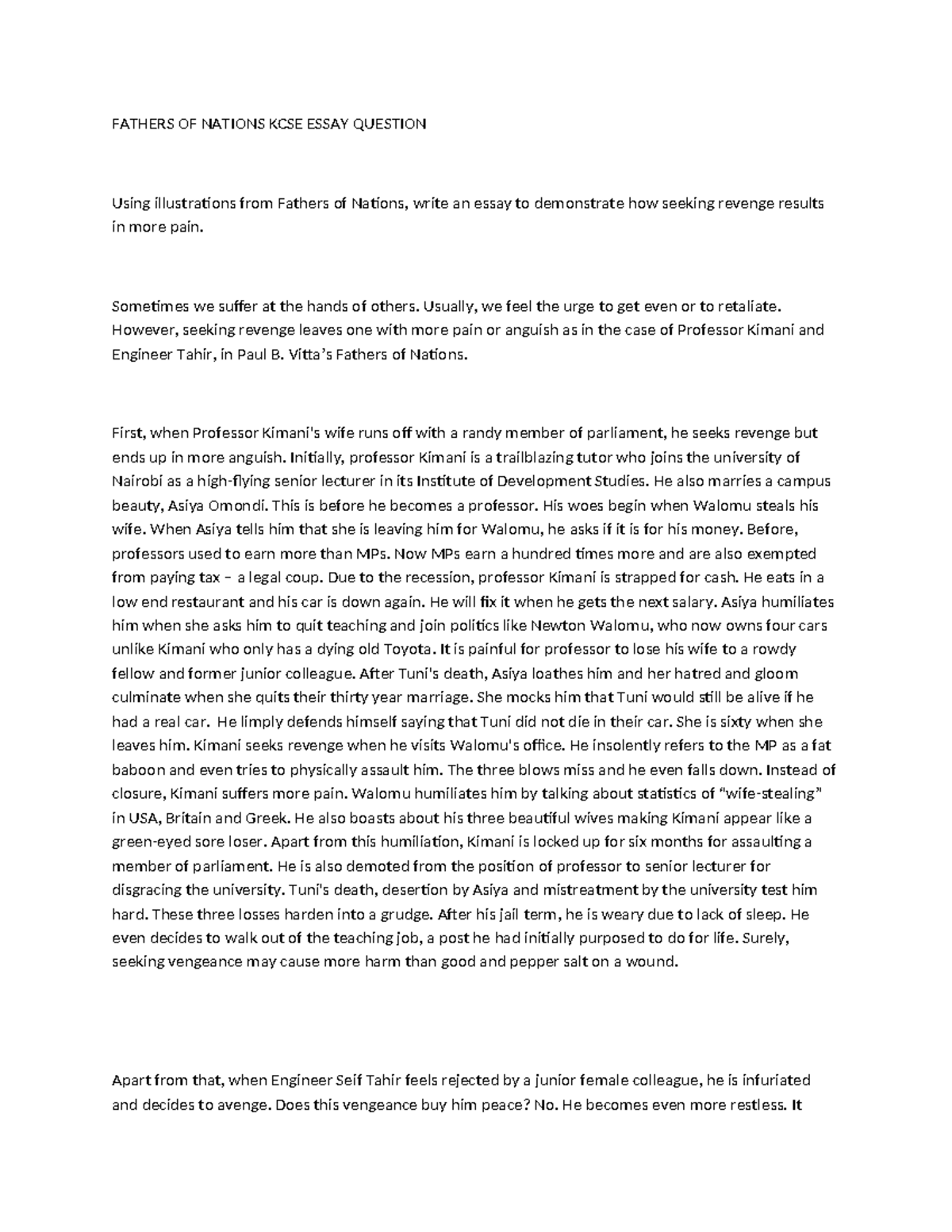 FATHERS OF NATIONS KCSE ESSAY: The Pain of Seeking Revenge - Studocu