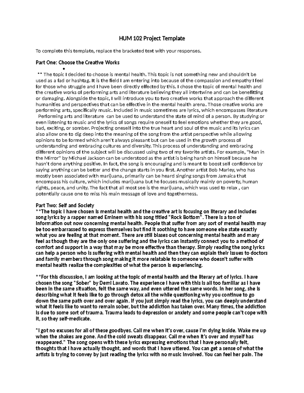 HUM 102 Project Template - HUM 102 Project Template To complete this template, replace the ...