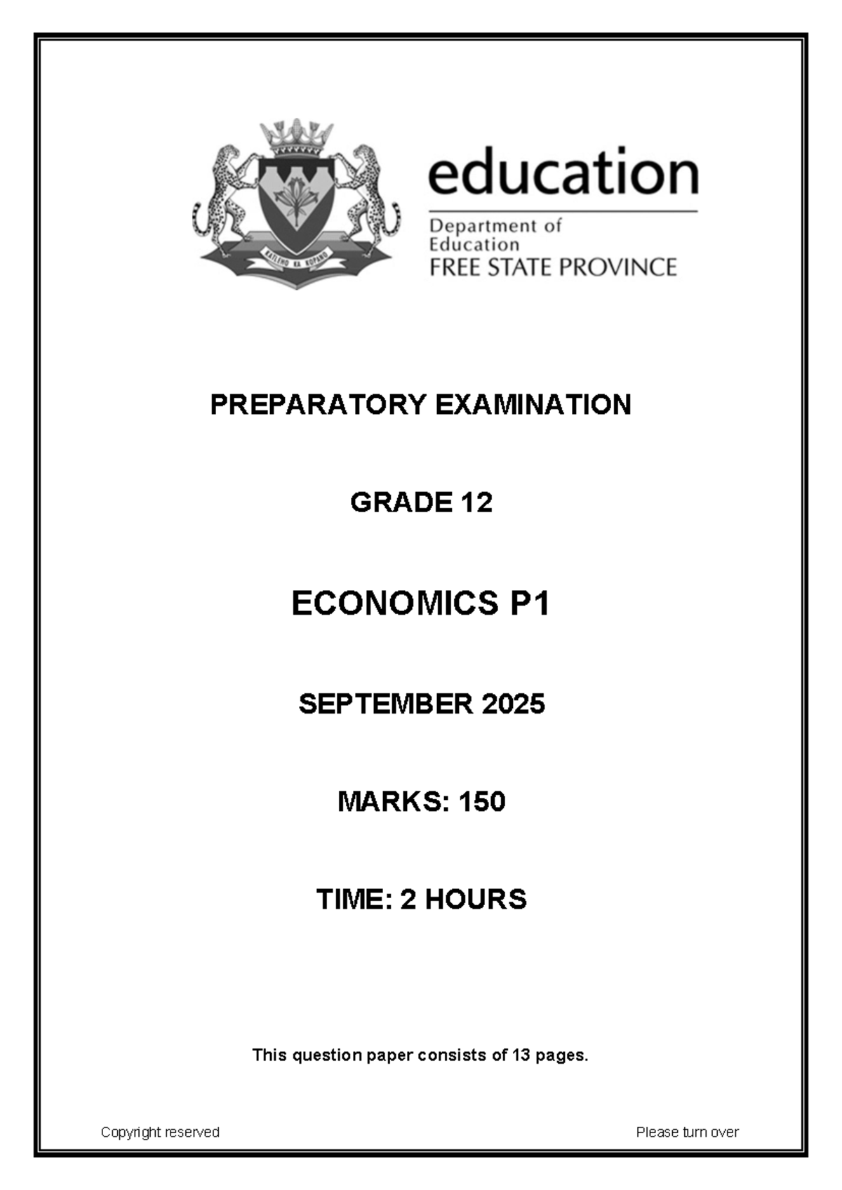 Economics P1 Grade 12 Prep Exam September 2025 Question Paper - Studocu