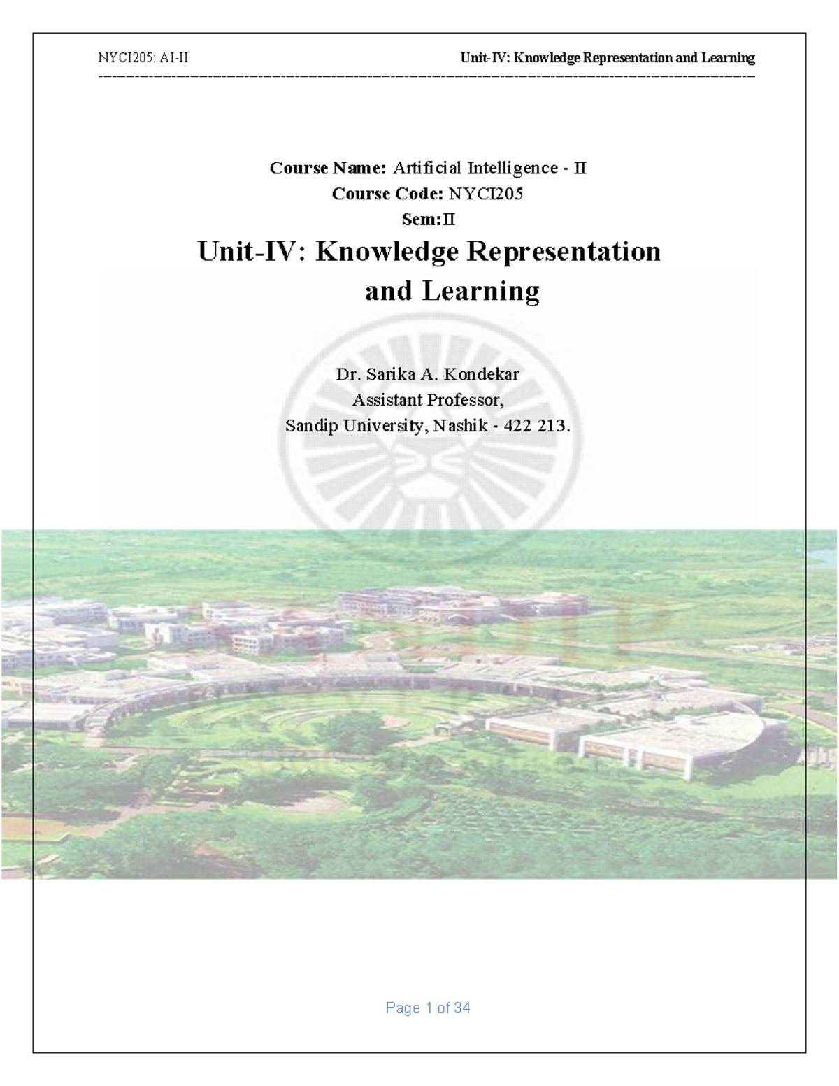 NYCI205: AI-II Unit-IV Lecture Notes on Knowledge Representation - Studocu