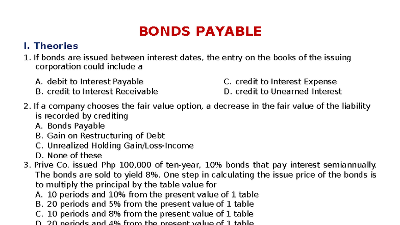 Bonds Payable Theories & Problems: Study Guide for Inbound ...