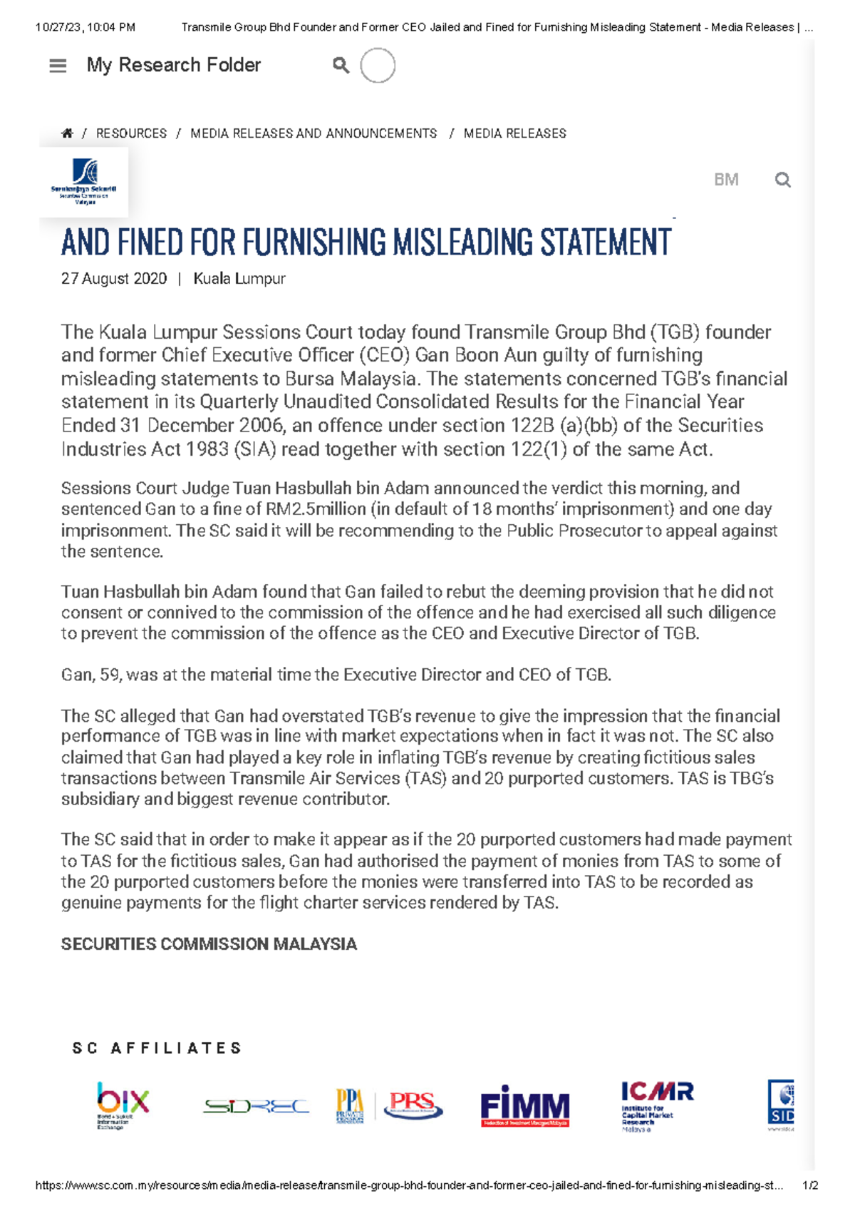 Transmile Group Bhd: CEO Jailed for Misleading Statements - Media ...