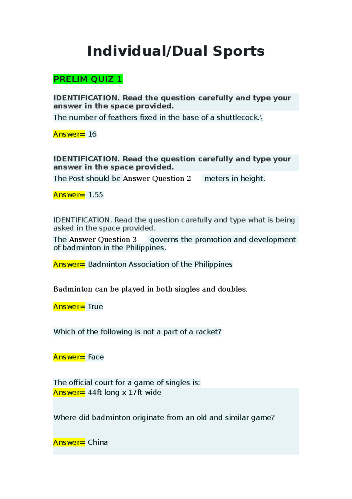 Individual/Dual Sports Prelim Quiz 1 & 2 Answers and Insights - Studocu
