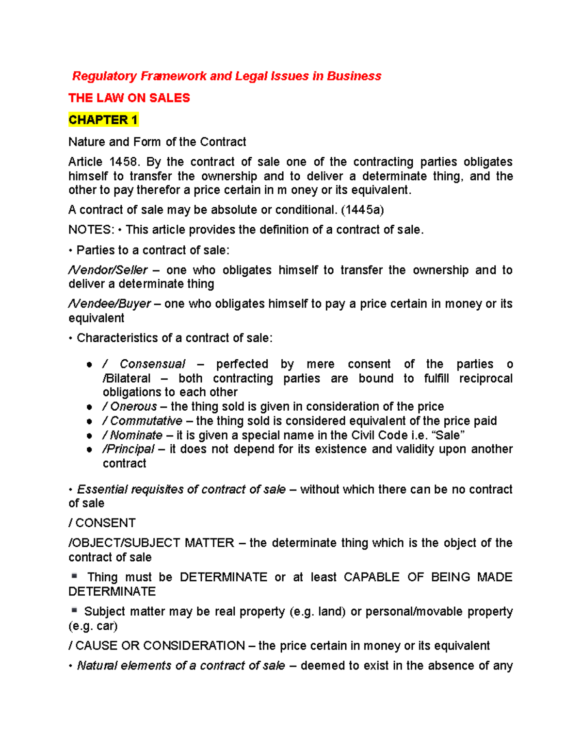 Law on Sales - Comprehensive Reviewer for RFLIB Course - Studocu