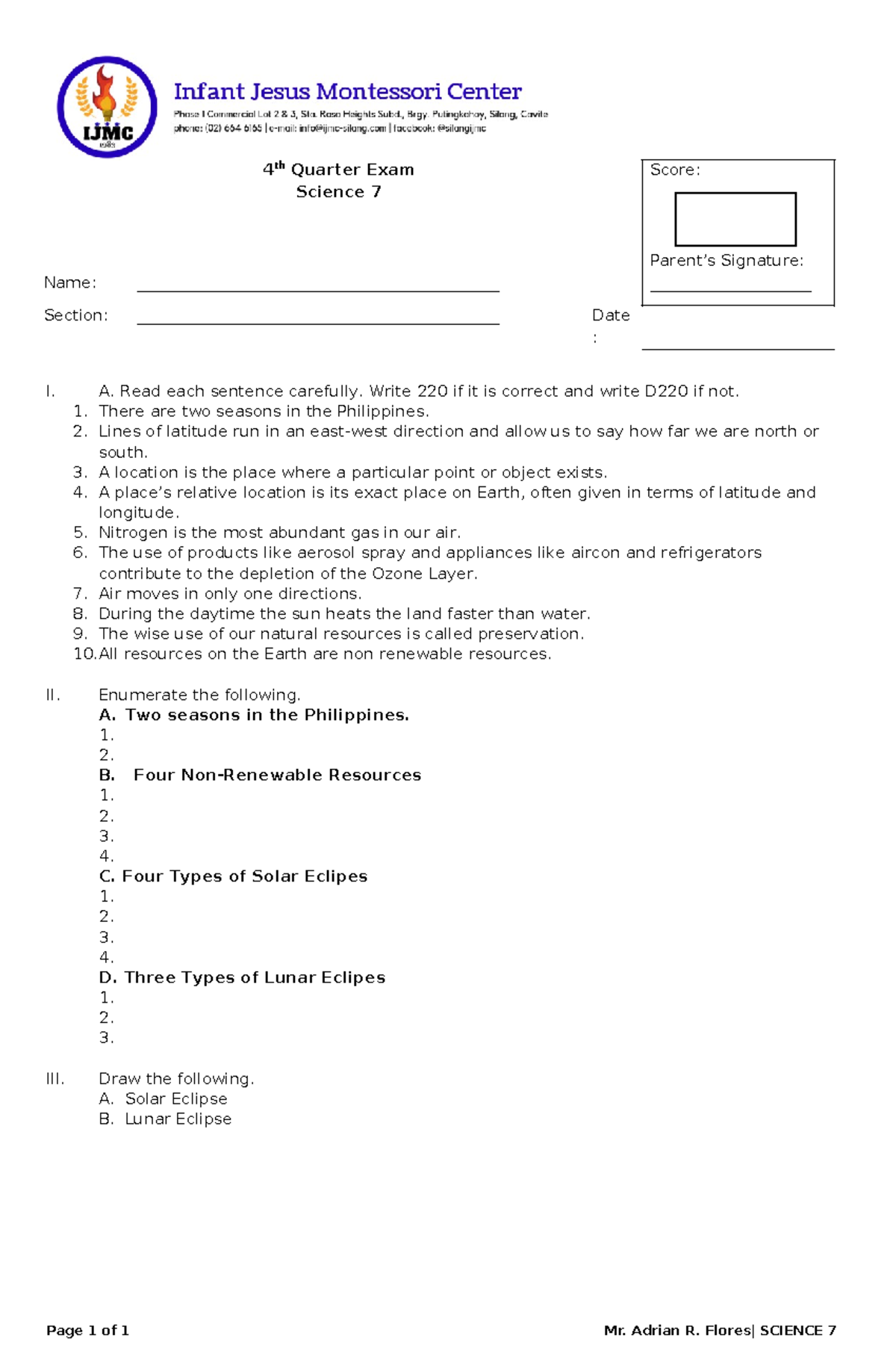 4th Periodical Exam in Science 7 - 4 th Quarter Exam Science 7 Score ...
