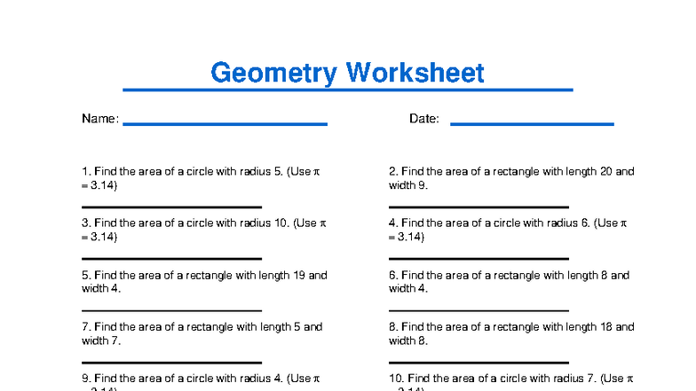 Geometry Worksheet 7 - Area Calculations and Word Problems - Studocu