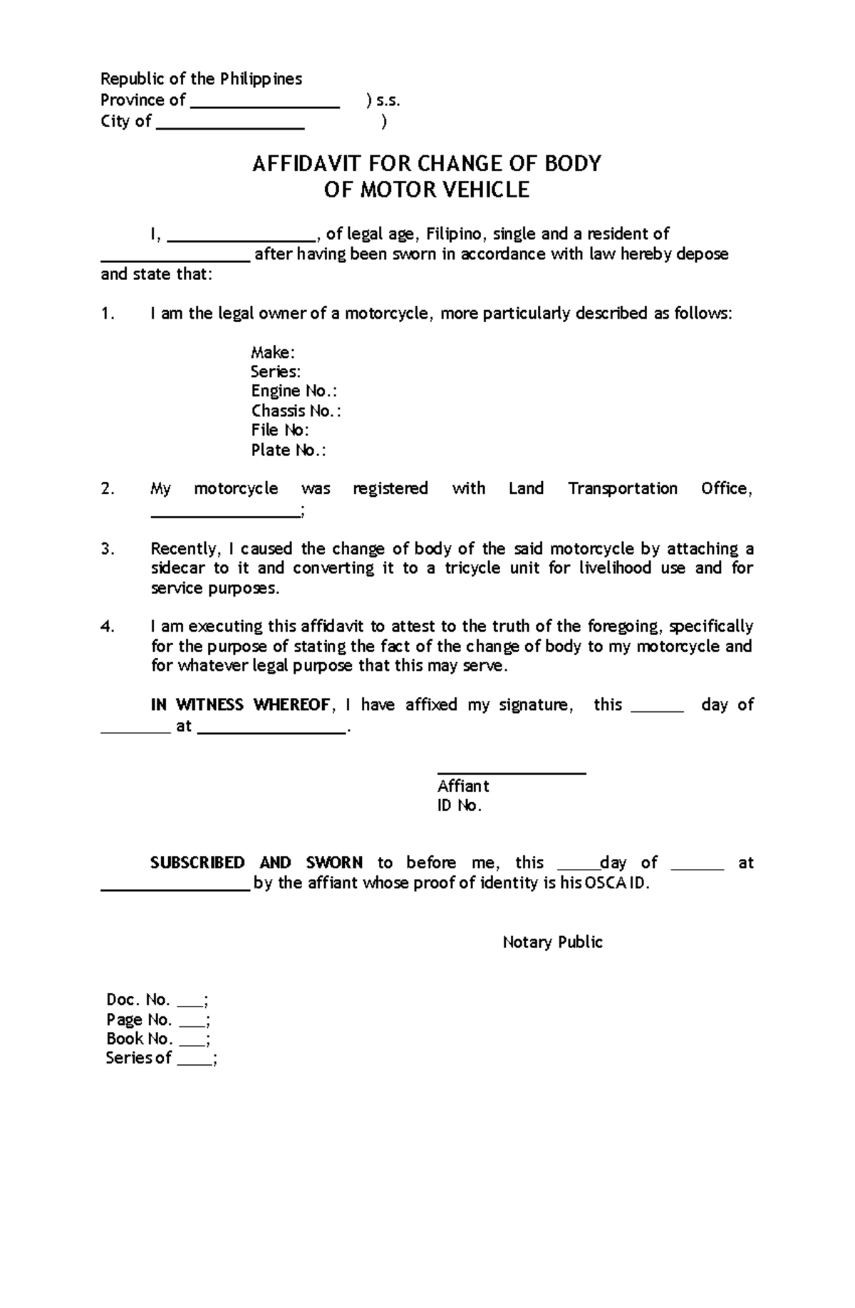 Affidavit for Change of Motorcycle Body with Sidecar Attachment - Studocu