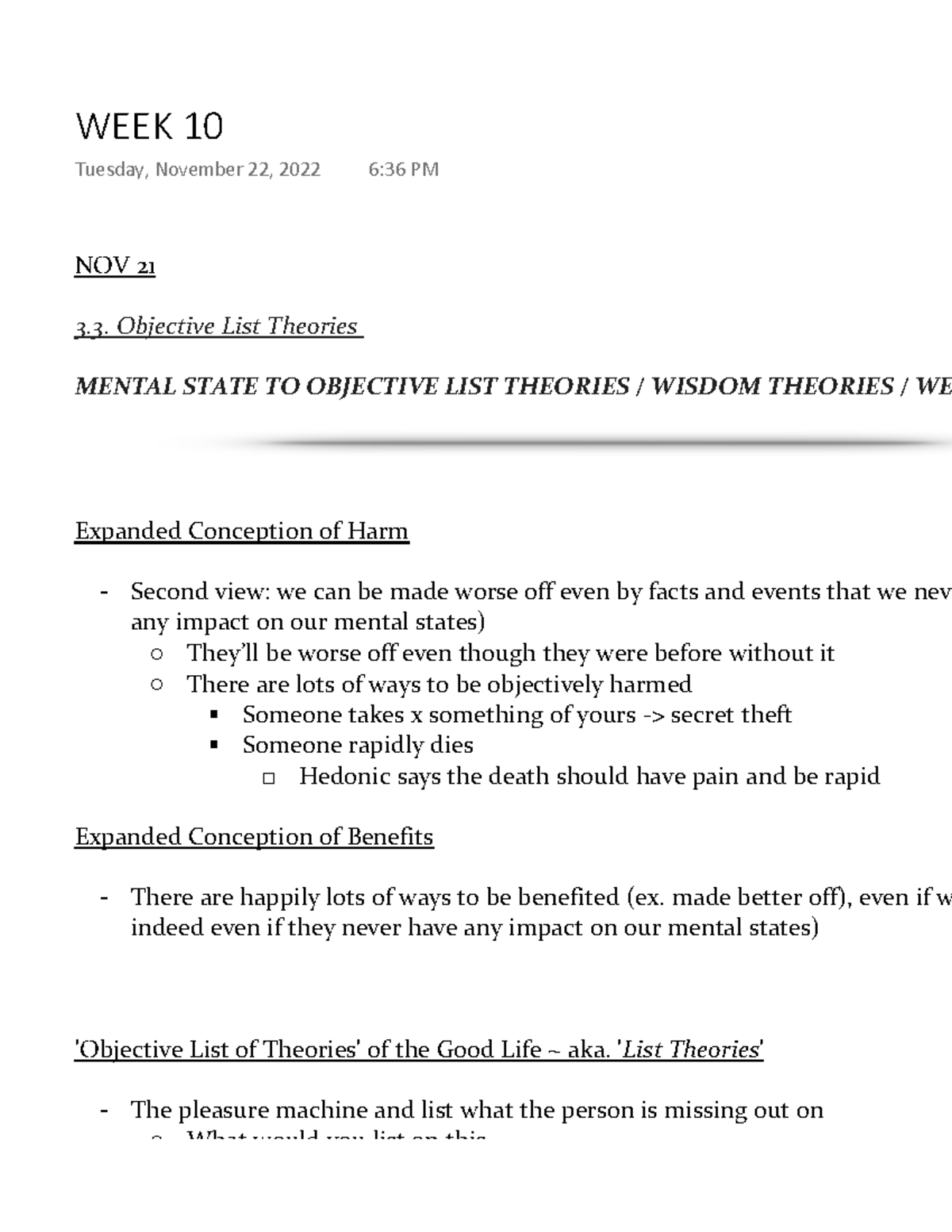 WEEK 10 - MENTAL STATE TO OBJECTIVE LIST THEORIES / WISDOM THEORIES ...