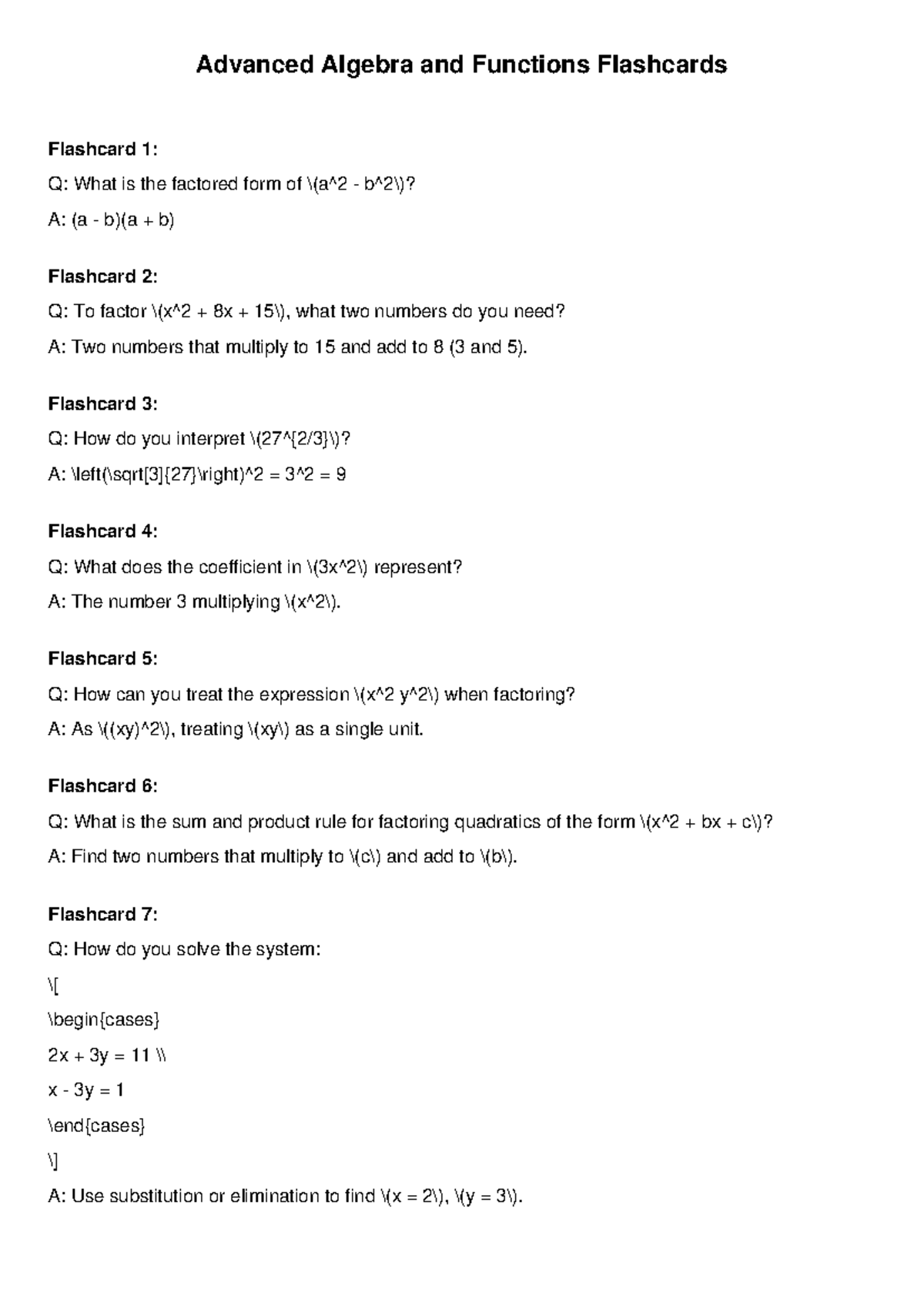 Advanced Algebra and Functions Flashcards for Study Review - Studocu