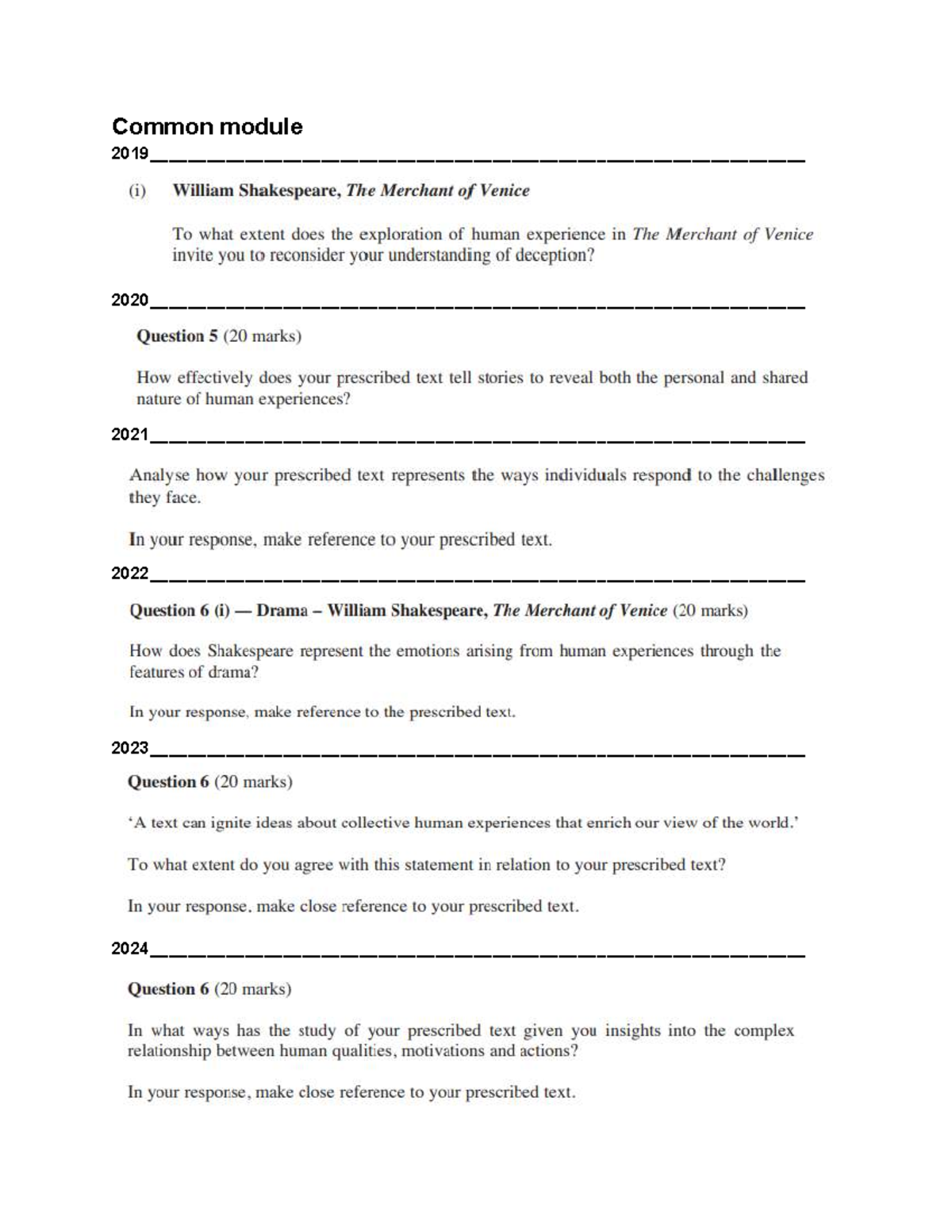 HSC English Standard Essay Questions: Exploring Human Experience ...