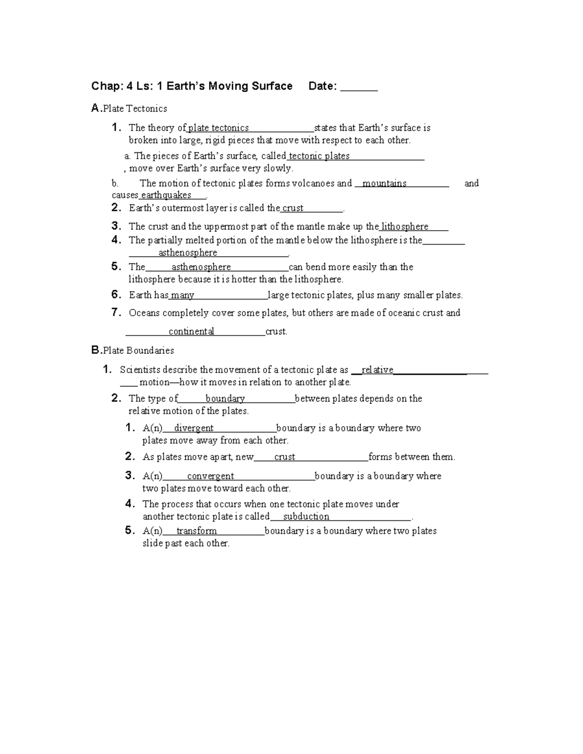 Chap: 4 Ls: 1 Earth's Moving Surface - Answer Key - Studocu